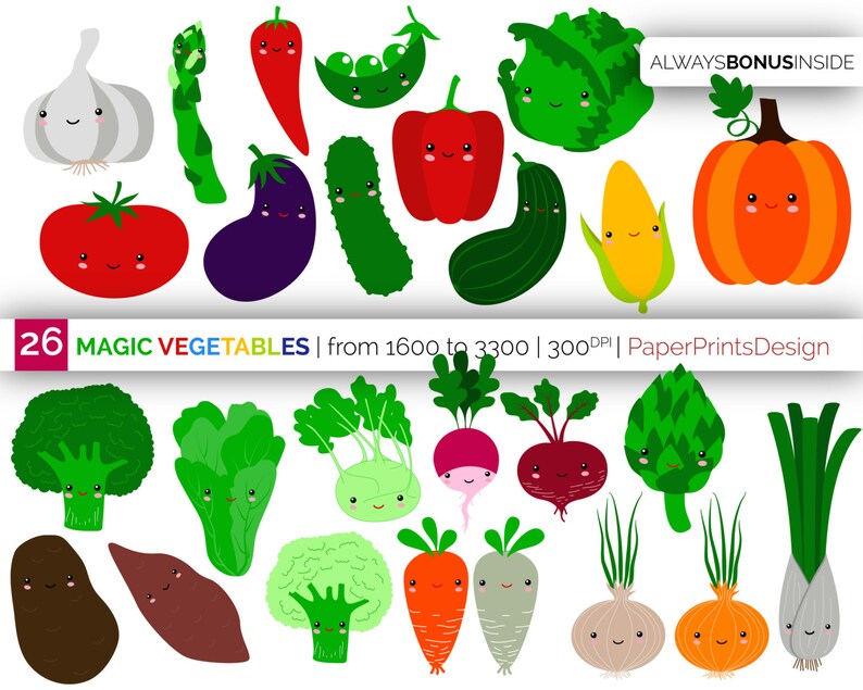 Kawaii Vegetables Cute Vegetable Clipart Happy Veggies