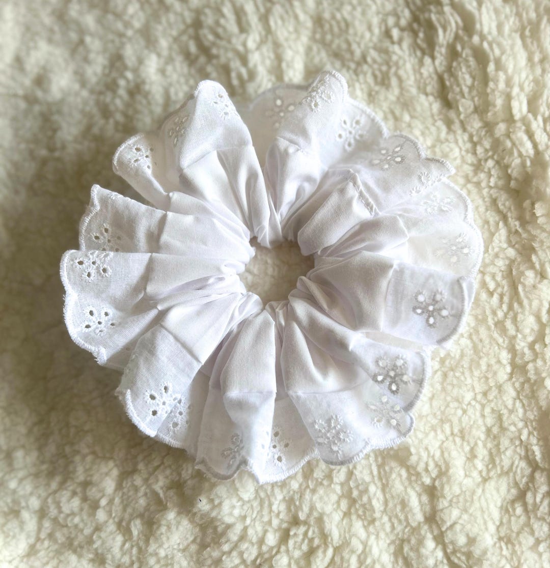 White Cotton Oversized Ruffle Scrunchie With White Broderie Lace Trim ...
