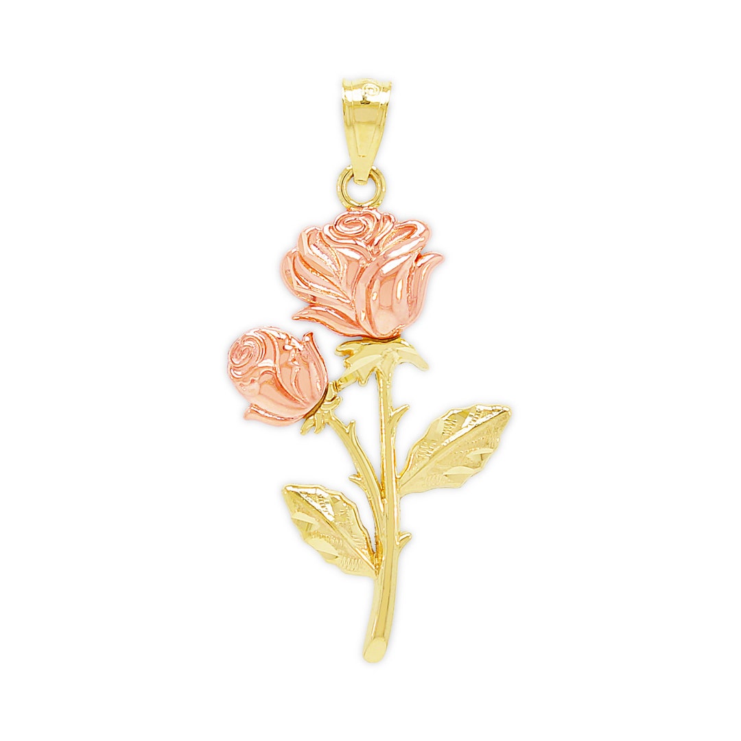 Gold Long Stem Double Rose Charm With Optional Chain 10 Karat Solid ...