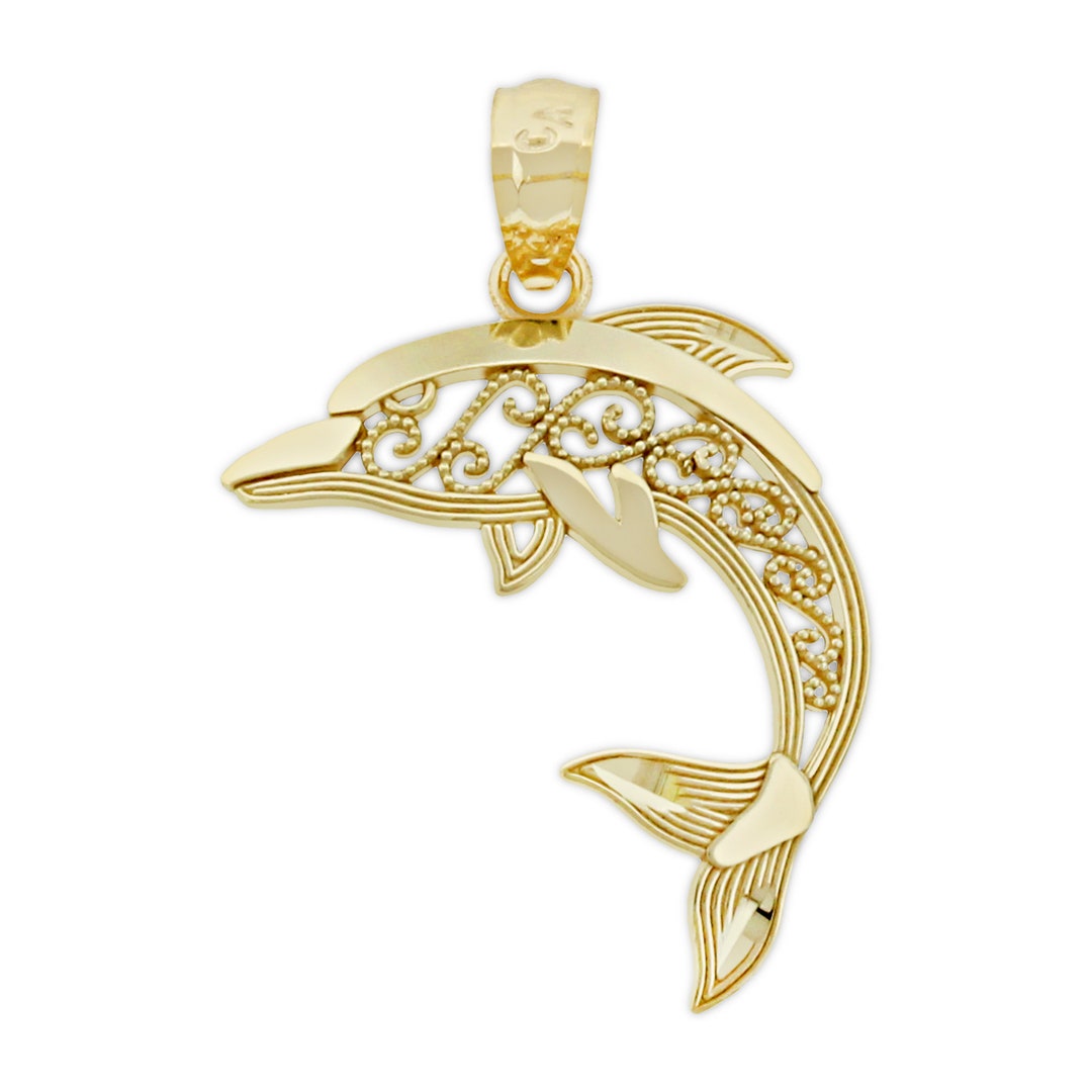 Gold Filigree Dolphin Charm - Dolphin Pendant - 10 Karat Solid Gold ...