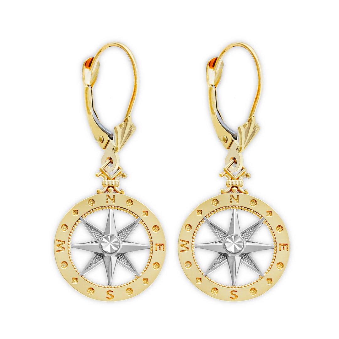 Gold Compass Earrings - Dangle Earrings - 10 Karat Solid Gold ...