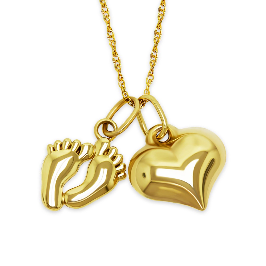 Gold Baby Feet With Heart Charm Necklace - 10 Karat Gold - Baby Feet ...