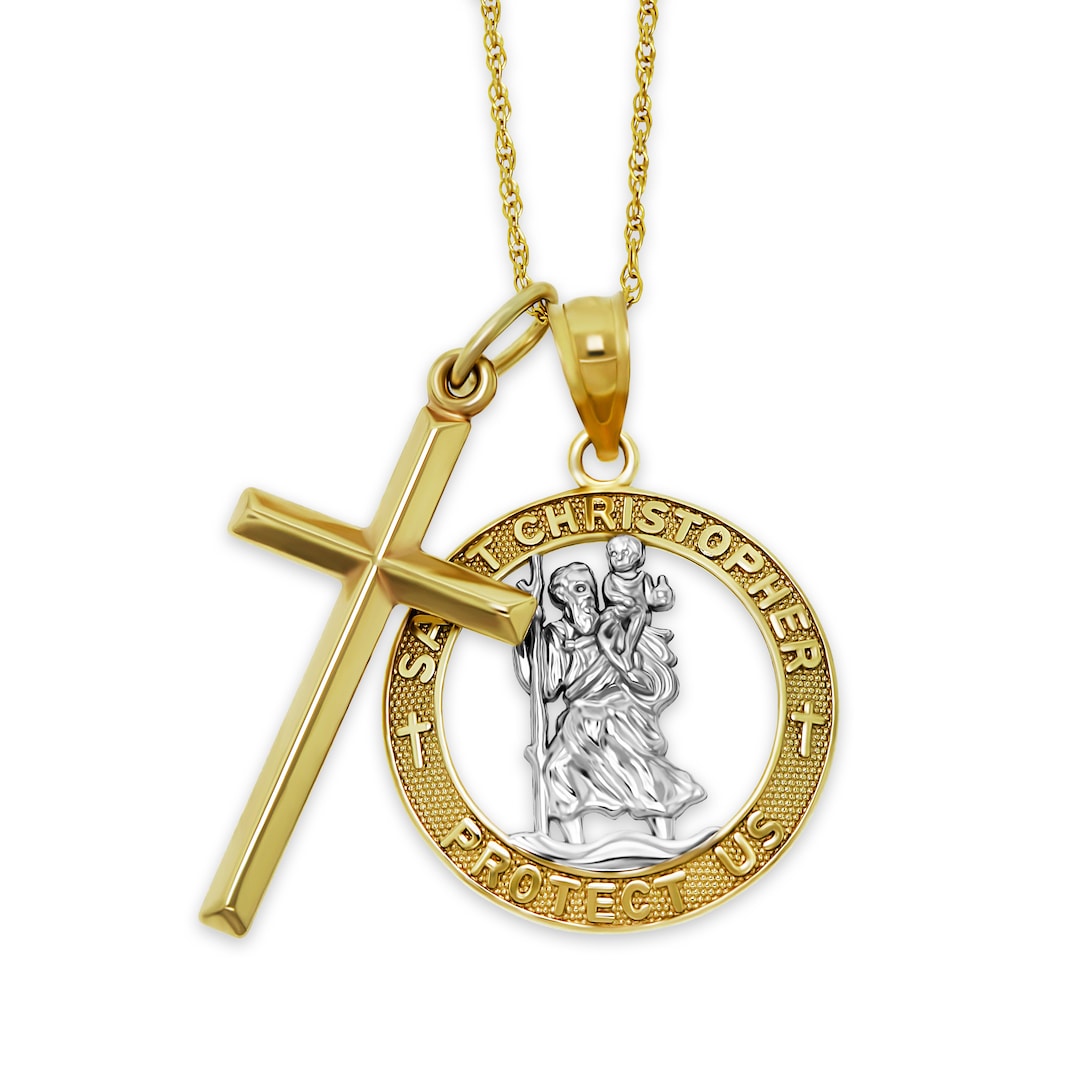 Gold Saint Christopher With Cross Necklace Pendant - 10 Karat Gold ...