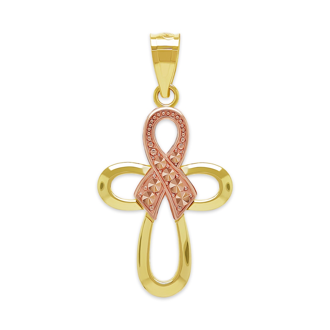 Gold Pink Ribbon Cross Charm - Ribbon Pendant- 10 Karat Solid Gold ...