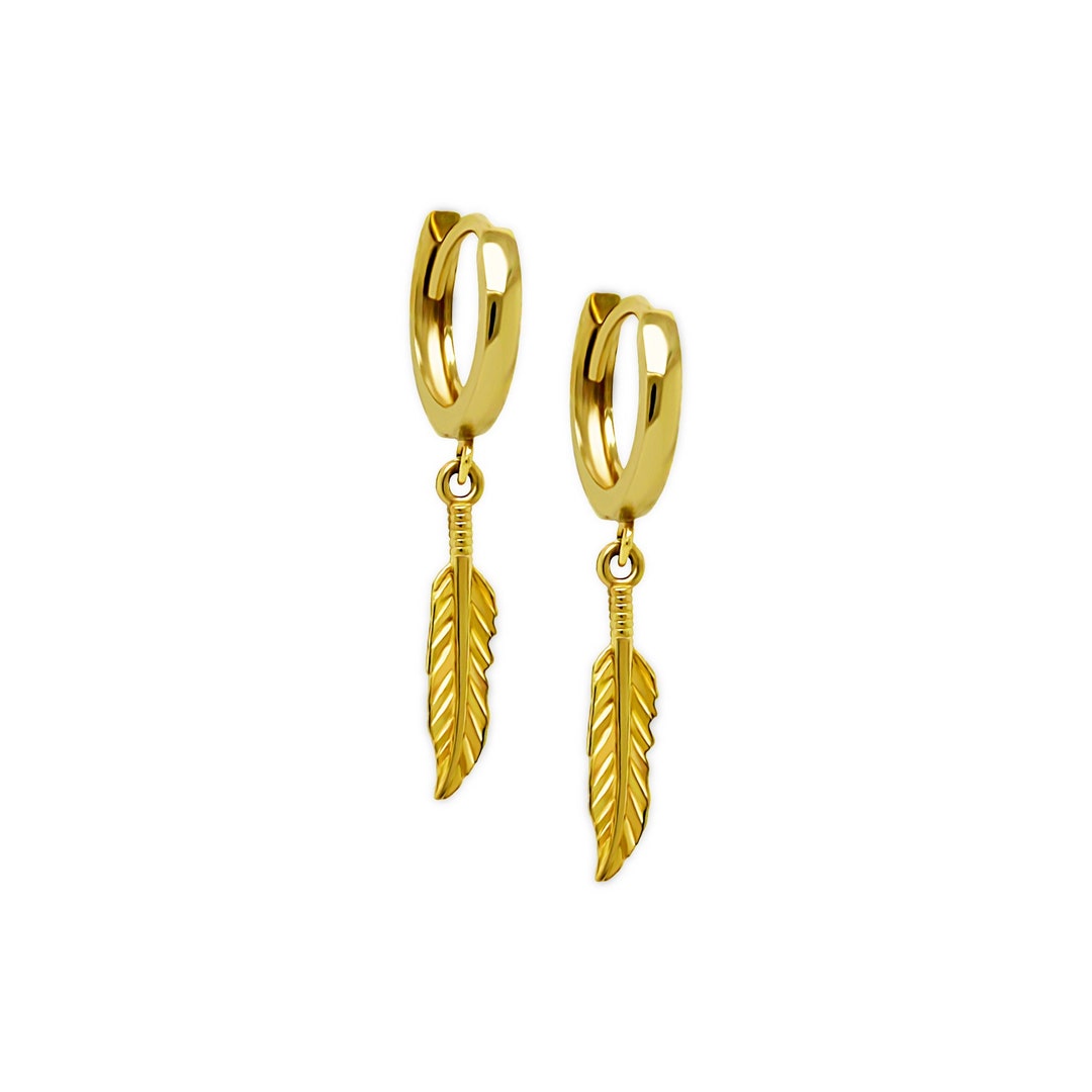Gold Feather Earring - Gold Earring - 10 Karat Solid Gold - Gold ...
