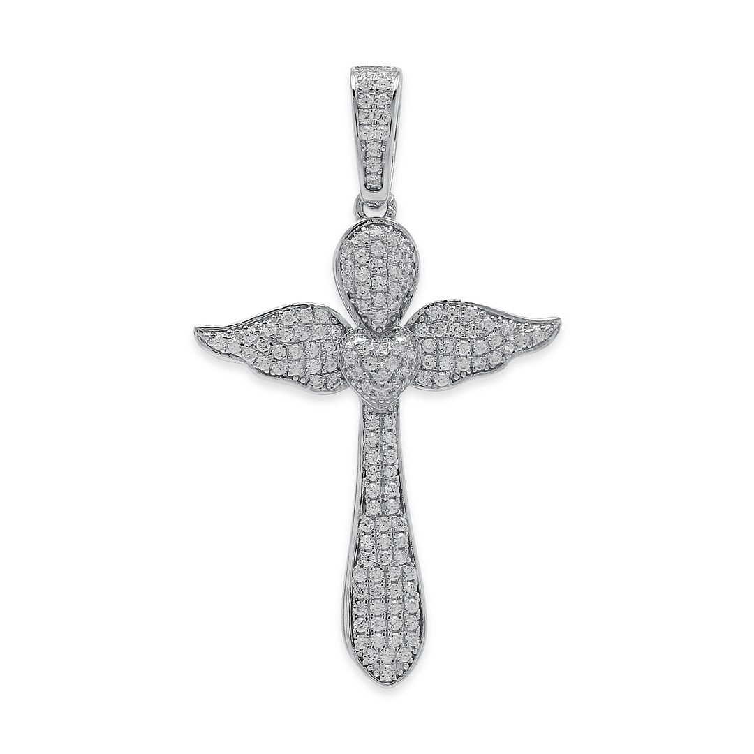 Silver Angel Winged Cross With Heart Pendant - Cubic Zirconia Stones ...