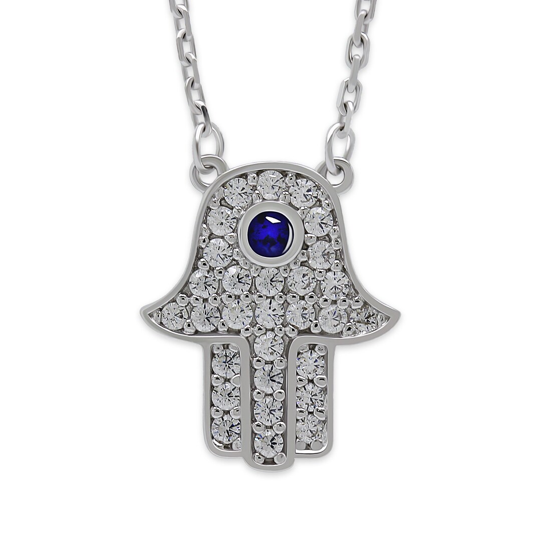 Silver Hamsa Hand Necklace With Cubic Zirconia Stones - 925 Sterling ...
