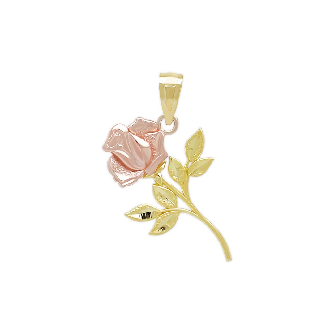 Gold Long Stem Rose Charm -rose Pendant Necklace - 10 Karat Solid Gold ...