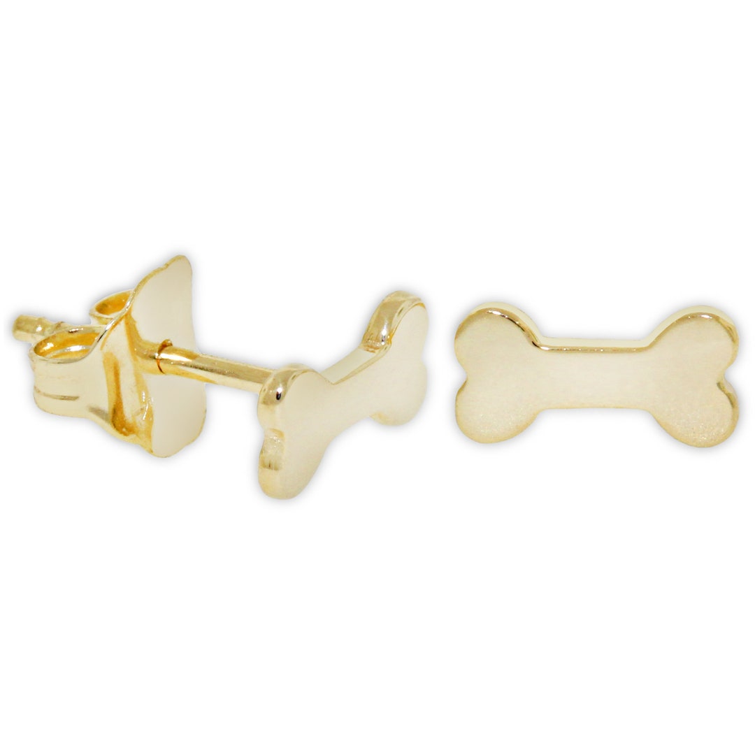 Gold Dog Bone Stud Earrings - 14 Karat Solid Gold - Animal Earring ...