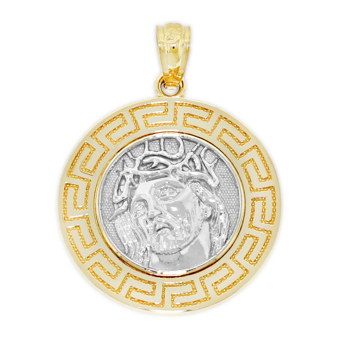 Gold Jesus Medal Pendant- Greek Key Pattern - 14 Karat Solid Gold ...