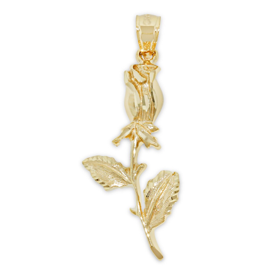 Gold Long Stem Rose Charm - 14 Karat Solid Gold - Optional Chain ...