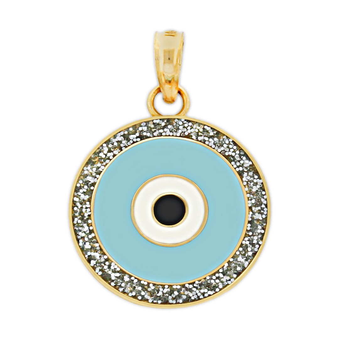 Gold Sparkly Evil Eye Charm With Enamel - 14 Karat Solid Gold With ...