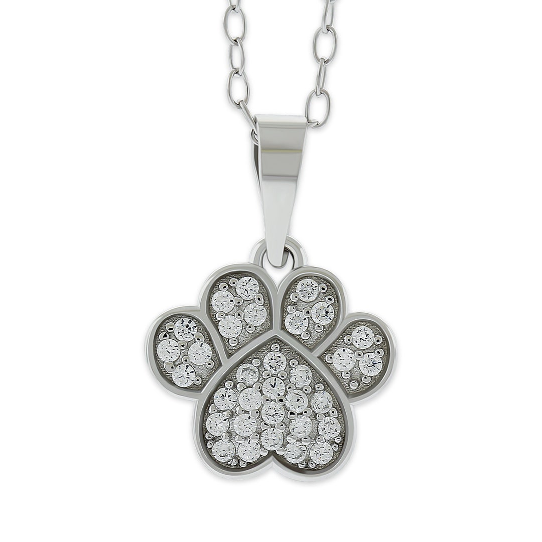 Silver Dog Paw Necklace With Cubic Zirconia - 925 Sterling Silver - Dog ...