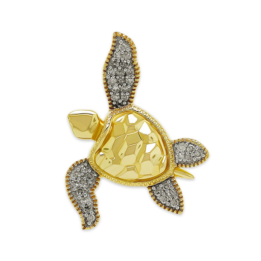 Gold Sea Turtle Pendant - 1/10carat (CTW) Round White Diamond Turtle ...