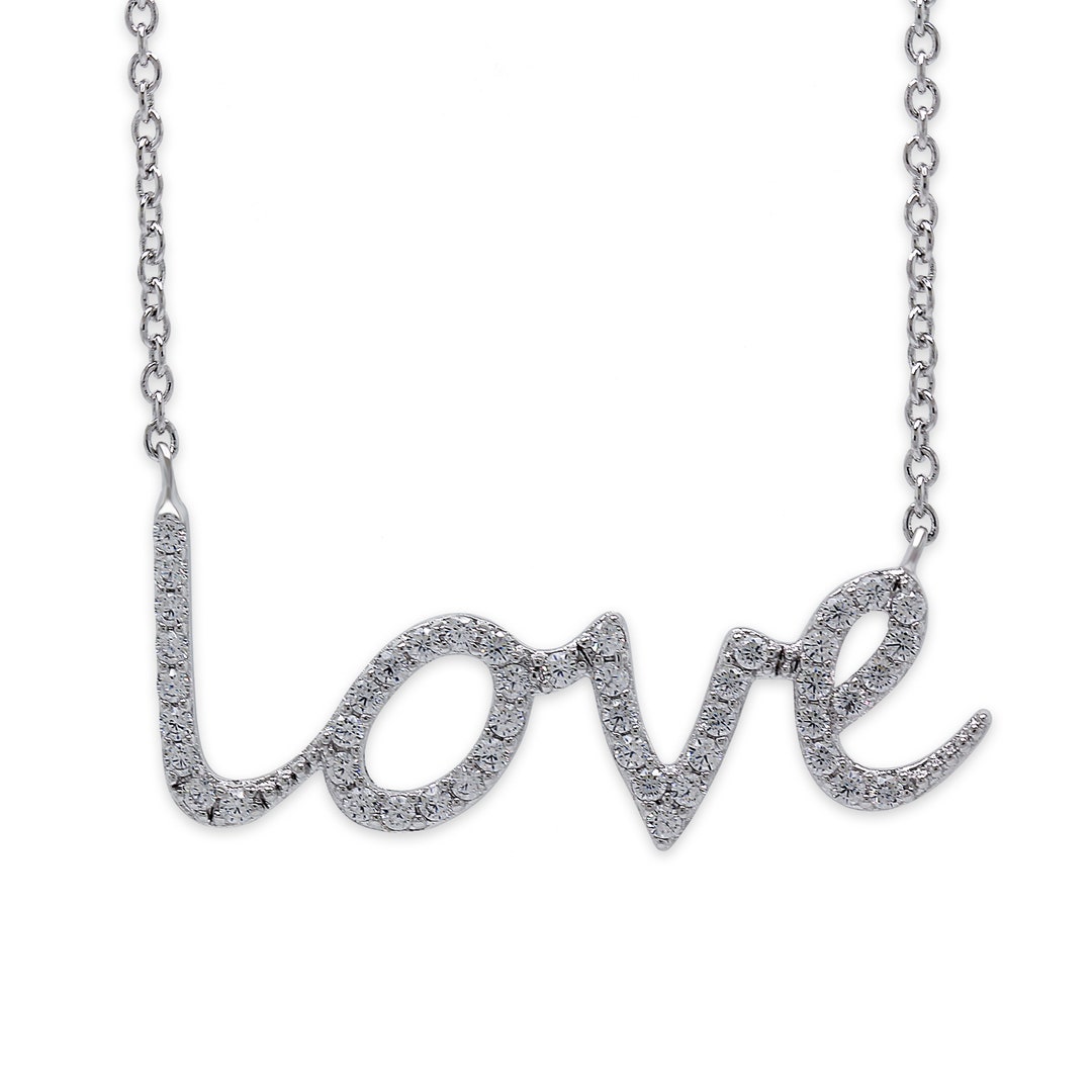 Silver Love Cursive Necklace With Cubic Zirconia Stones - 925 Sterling ...