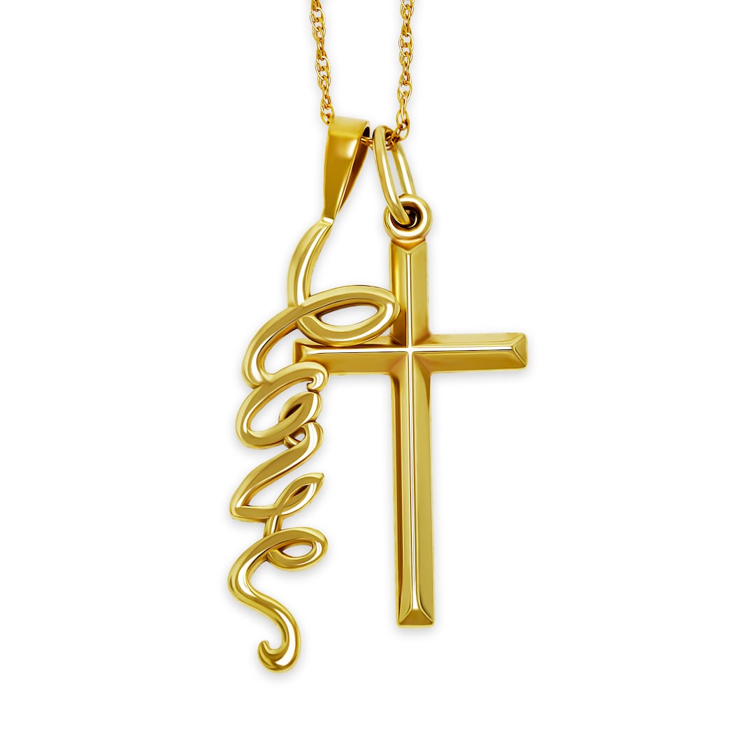 Gold Cross Charm With Cursive Love Charm 10 Karat Gold Love Necklace ...