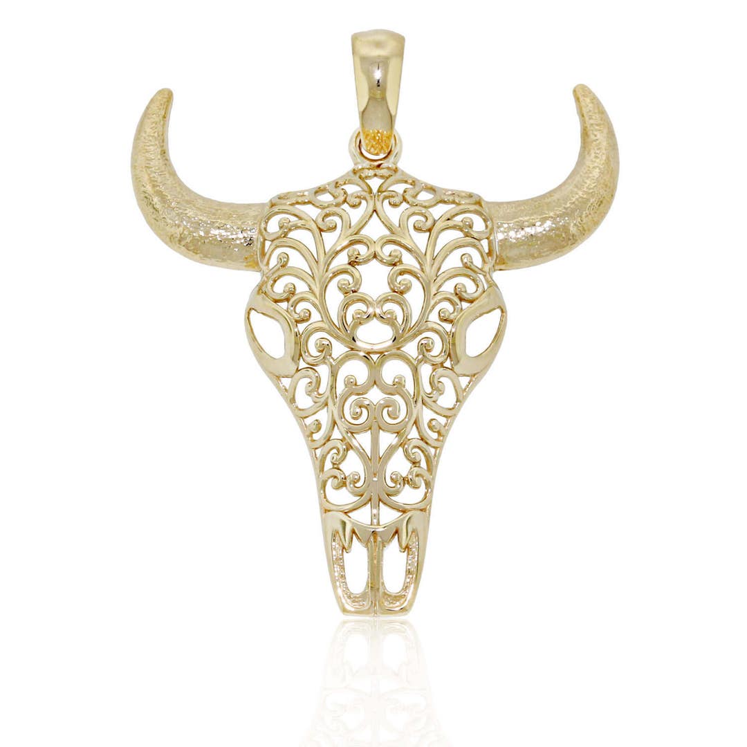 Gold Filigree Bull Head Pendant - 10 Karat Solid Gold - Optional Gold ...