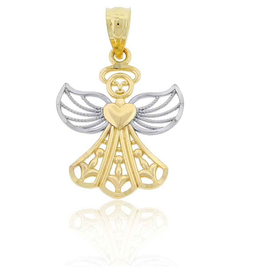 Gold Two-tone Angel Charm - 10 Karat Solid Gold - Optional Gold Rope ...