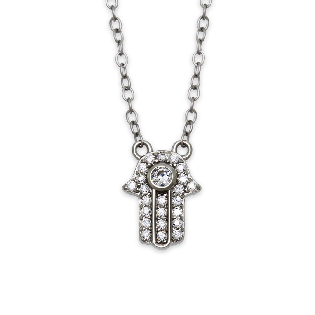 Silver Hamsa Hand Necklace With Cubic Zirconia Stones - 925 Sterling ...
