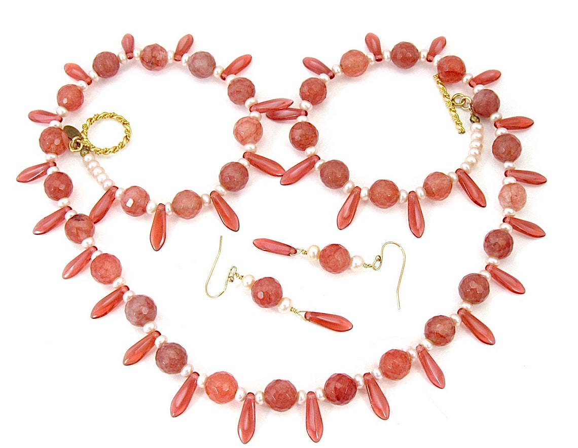 Coral Dagger Bead Necklace Set Pink Freshwater Pearls - Etsy