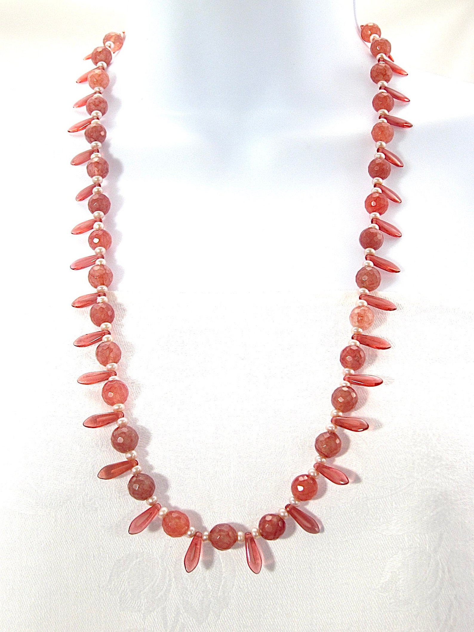 Coral dagger bead necklace set pink freshwater pearls | Etsy