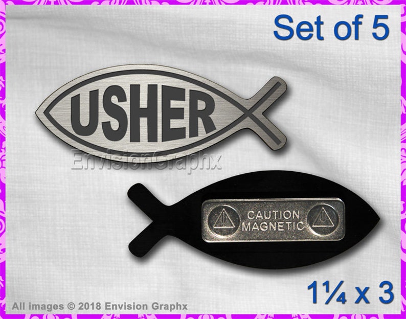Set of 5 Engraved USHER Church Name Badges W/ Magnet in Jesus Fish ...