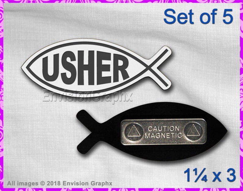 Set of 5 Engraved USHER Church Name Badges W/ Magnet in Jesus Fish ...