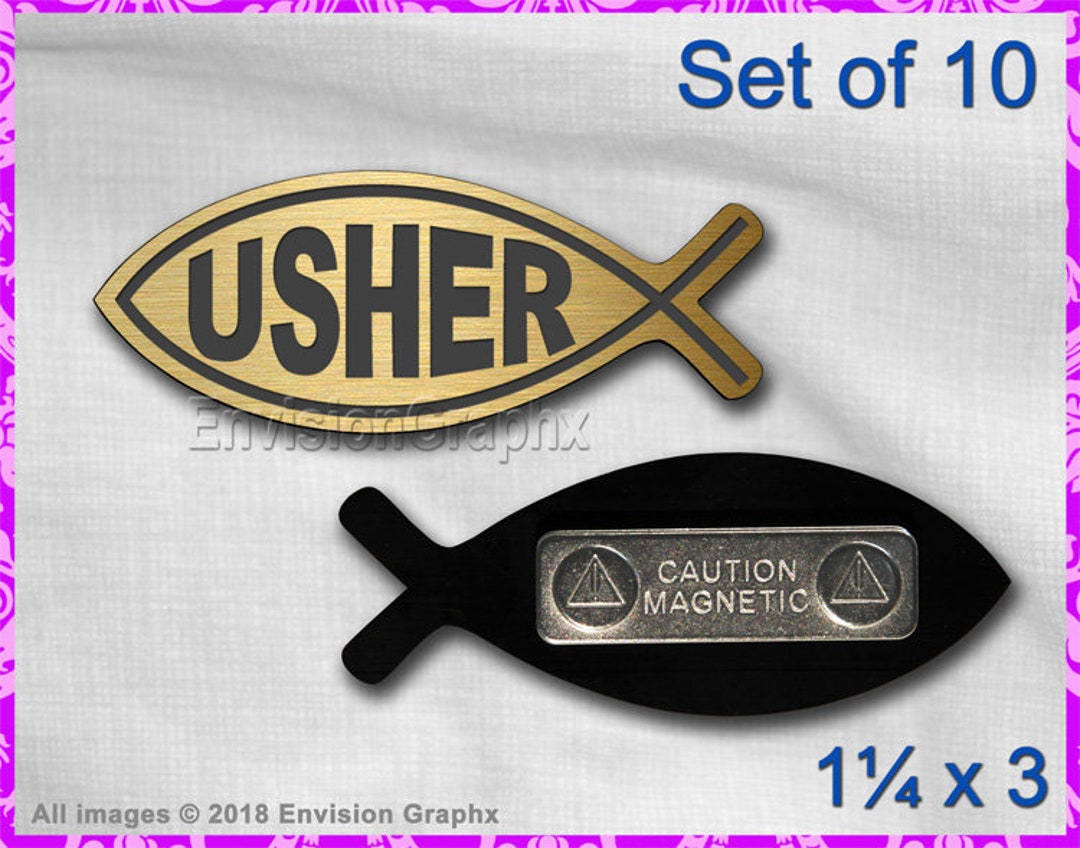 Set of 10 Engraved USHER Church Name Badges W/ Magnet in Jesus Fish ...