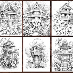23 Tiki Tropical Houses Coloring Book, Adults Kids Instant Download ...