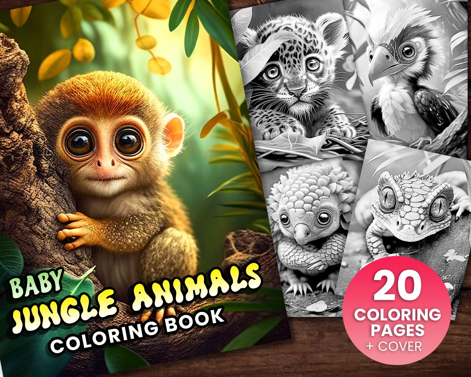 20 Baby Jungle Animals Cute Coloring Page Book, Adults Kids Instant ...