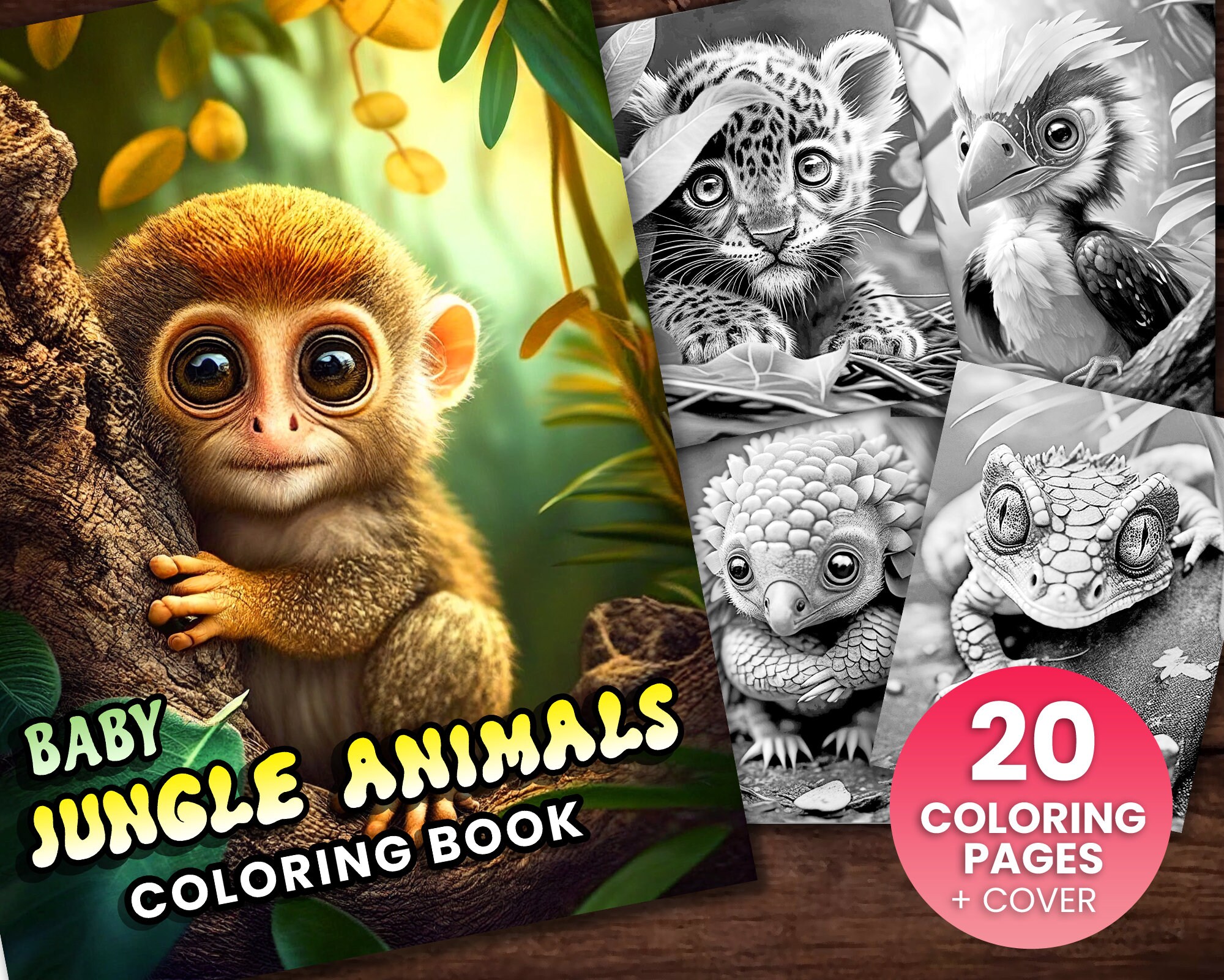 20 Baby Jungle Animals Cute Coloring Page Book Adults Kids - Etsy Canada