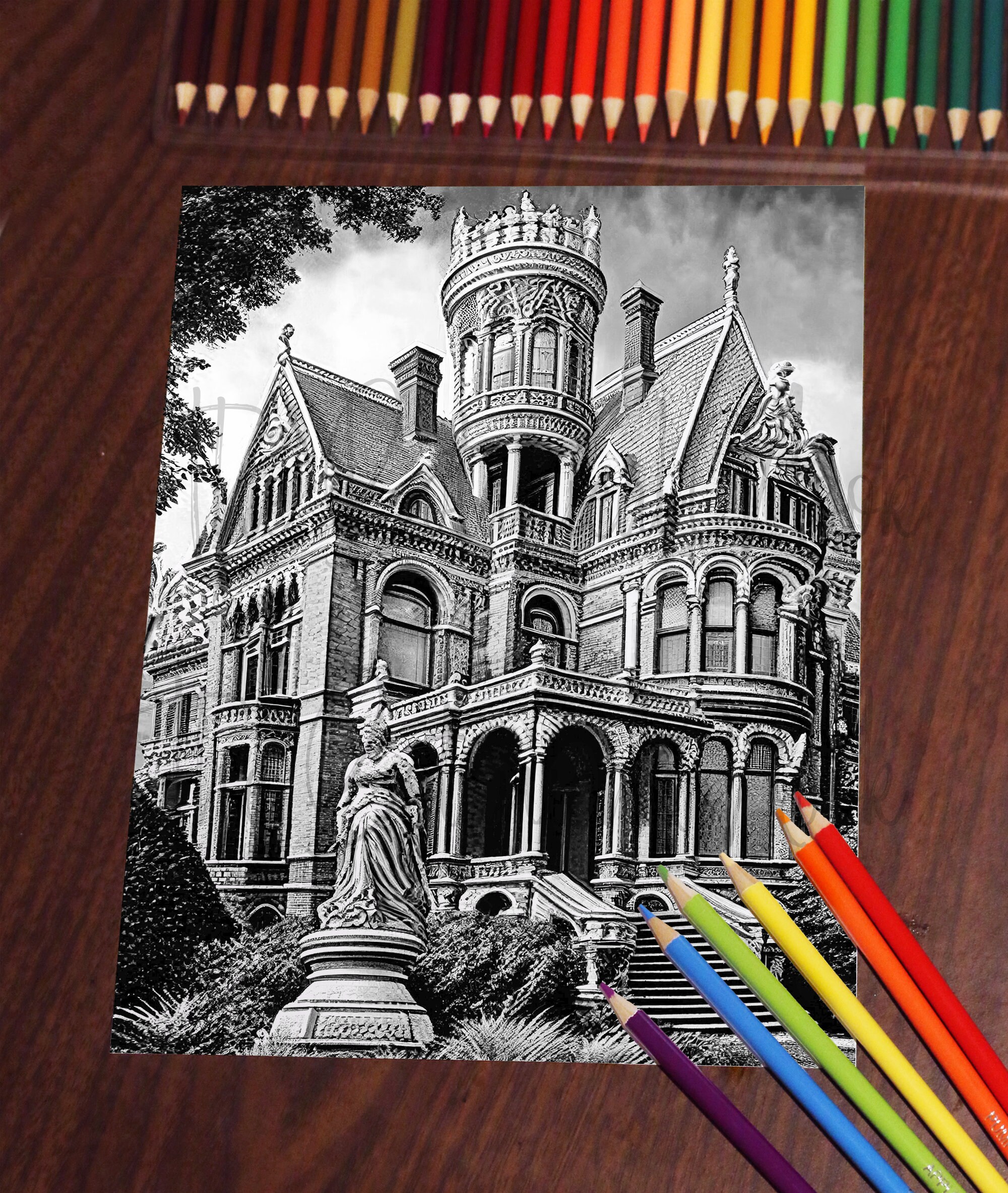Old Mansion Coloring Page, Adults + Kids- Instant Download Grayscale ...