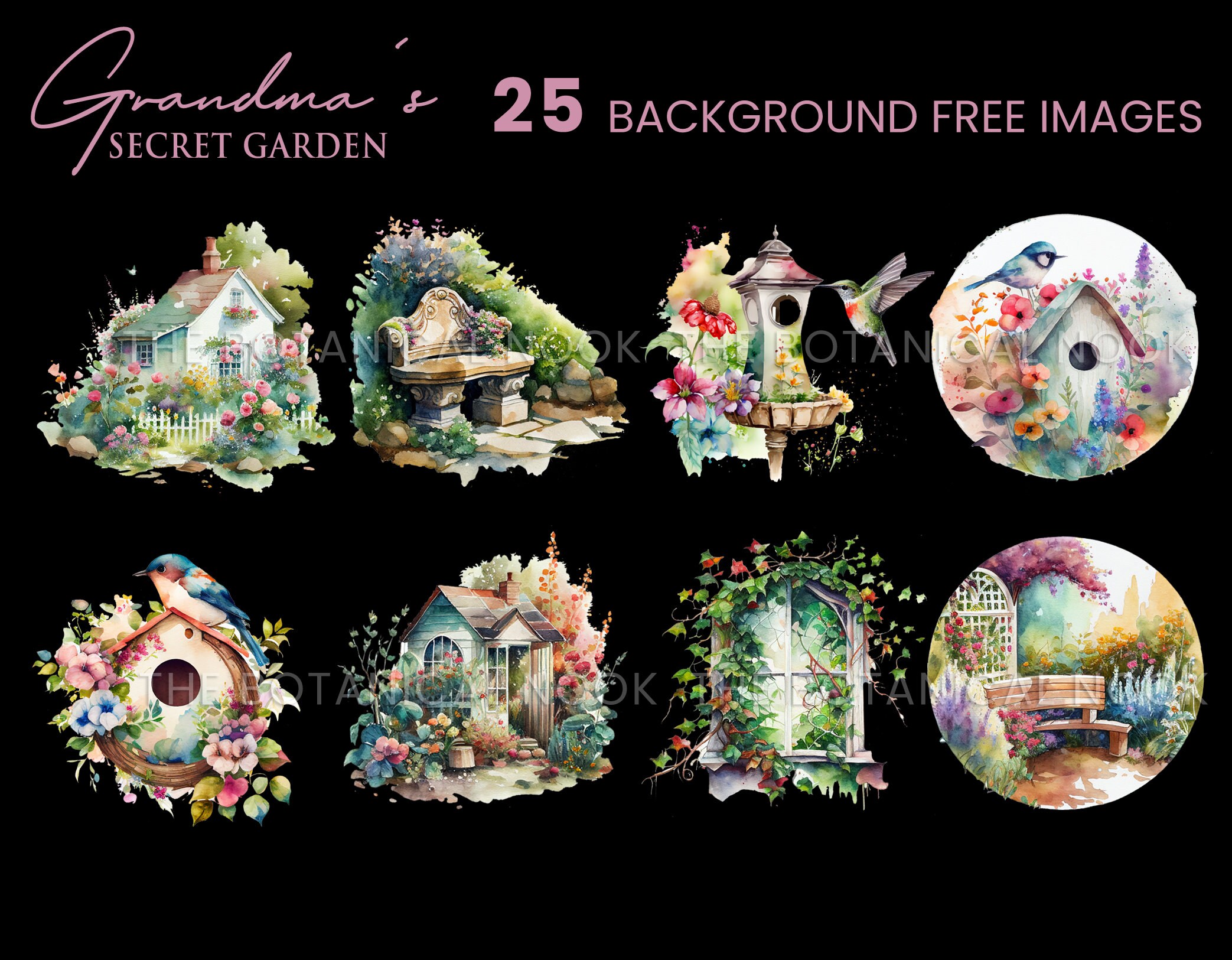 Grandma's Secret Garden Watercolor Clip Art Set (25 Element Graphic ...