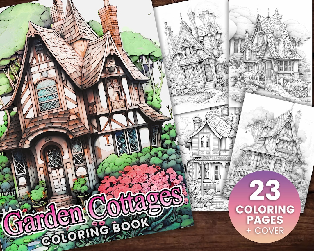 23 Garden Cottages Coloring Book, Adults Instant Download -grayscale ...