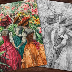 Beautiful 1800s Ladies on Balcony Coloring Page, Adults Kids Instant ...