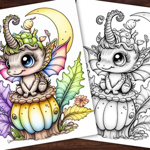 24 Baby Woodland Dragon Fantasy Coloring Page Book, Adults + Kids ...