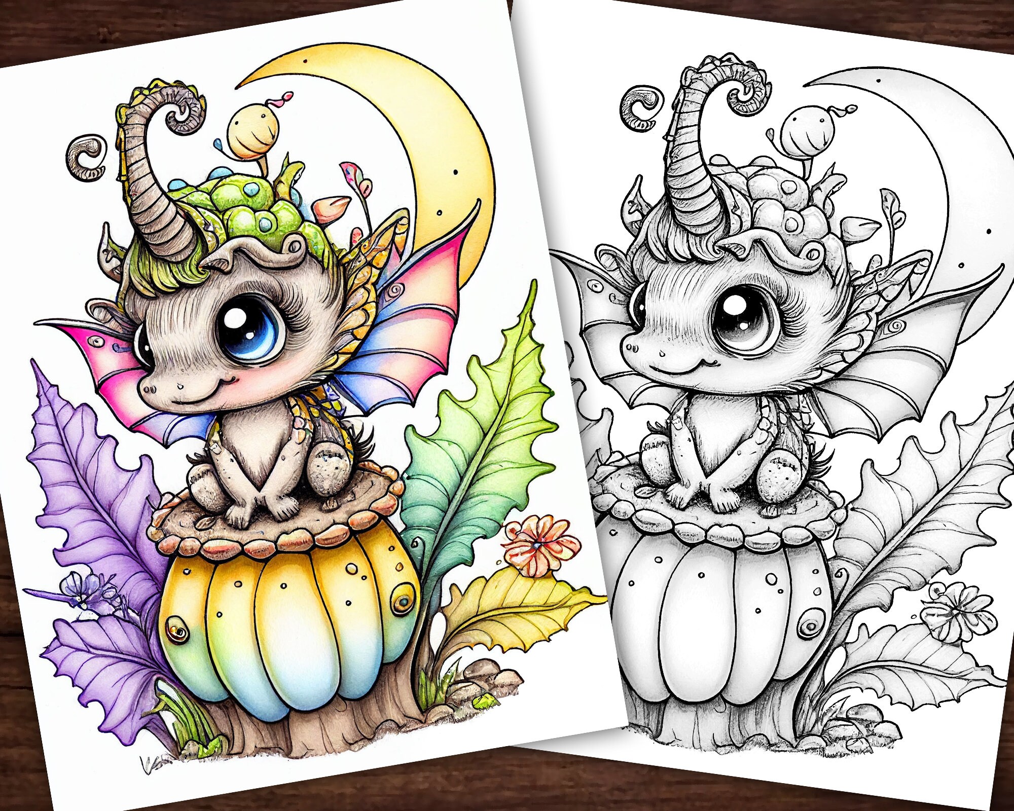 24 Baby Woodland Dragon Fantasy Coloring Page Book, Adults + Kids ...