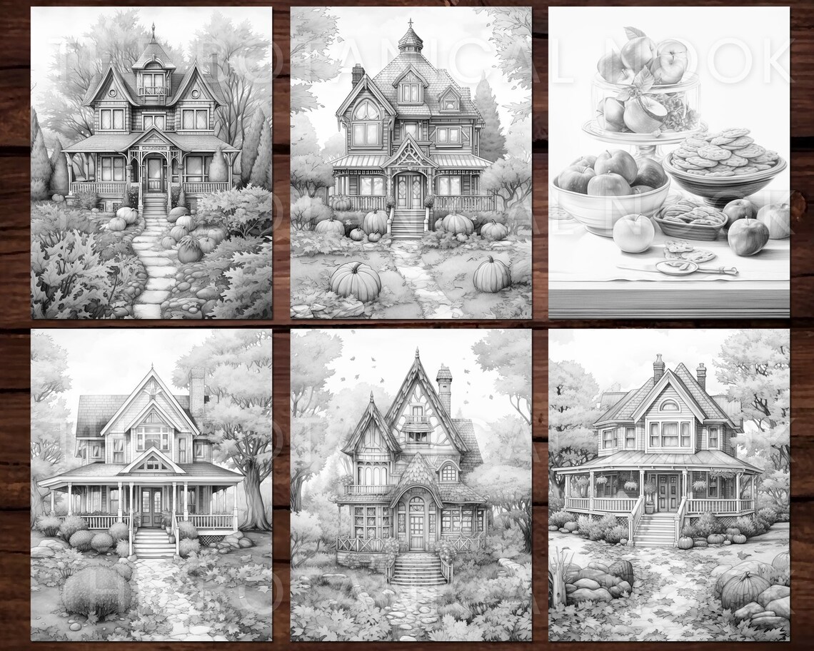 26 Cozy Autumn Homes Coloring Book, Adults + Kids- Download - Grayscale ...