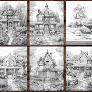 26 Cozy Autumn Homes Coloring Book, Adults + Kids- Download - Grayscale ...