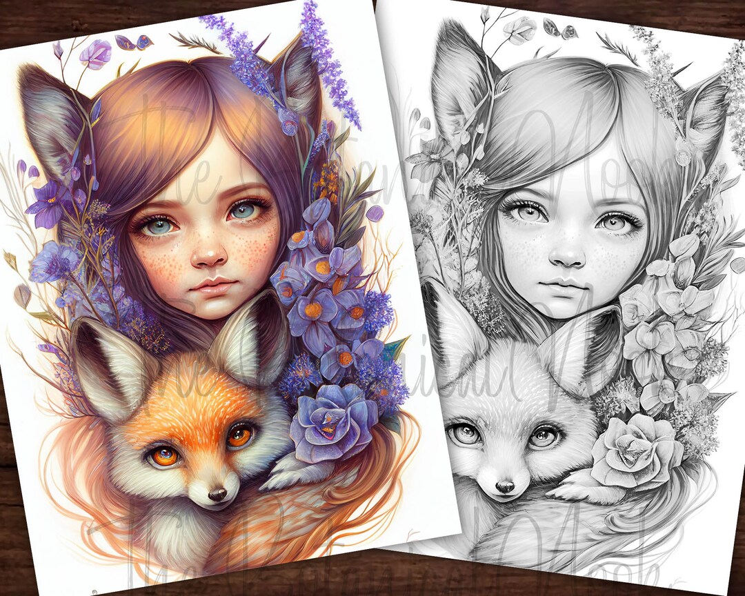 Girl and Her Fox Fantasy Coloring Page, Adults & Kids- Instant Download ...