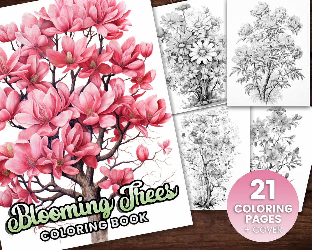 21 Blooming Trees Coloring Book, Adults Kids Instant Download ...