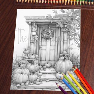 Autumn Door Entry Coloring Page, Adults + Kids- Download - Grayscale ...