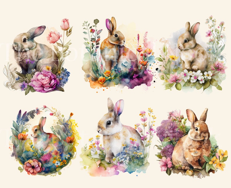 Cute Woodland Flower Rabbits 6 Graphic Clip Art Illustration - Etsy