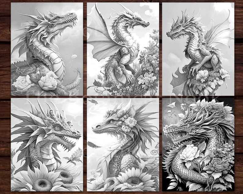 20 Flower Dragon Fantasy Coloring Page Book Adults Kids - Etsy