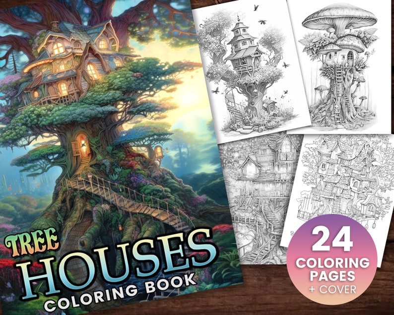 24 Tree Houses Coloring Book Adults Kids Instant Download - Etsy