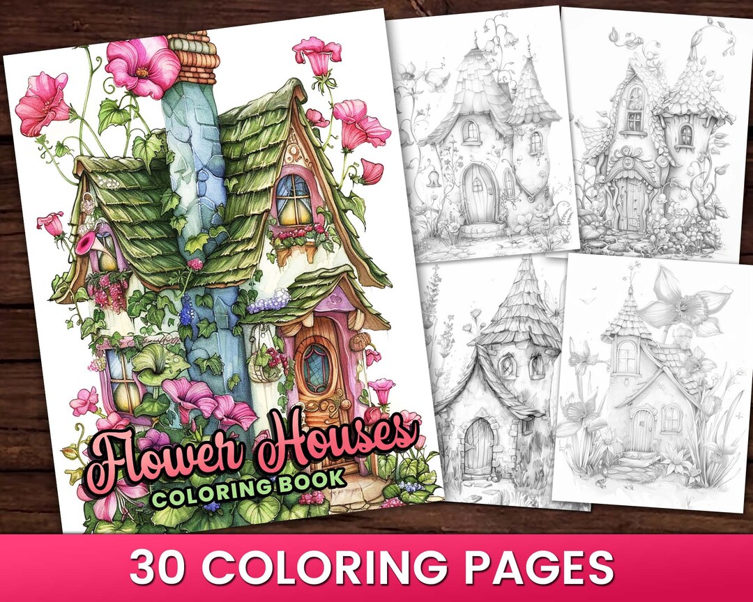30 Flower House Coloring Page Book, Adults + Kids Instant Download ...