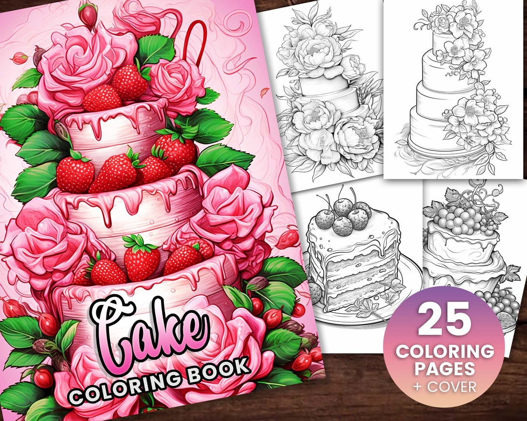 25 Cakes Coloring Book, Adults Kids Instant Download -grayscale ...