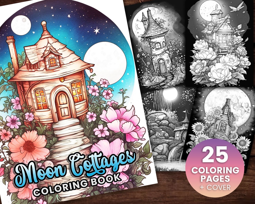 25 Moon Cottages Fairy Homes Coloring Book, Adults Kids Instant ...