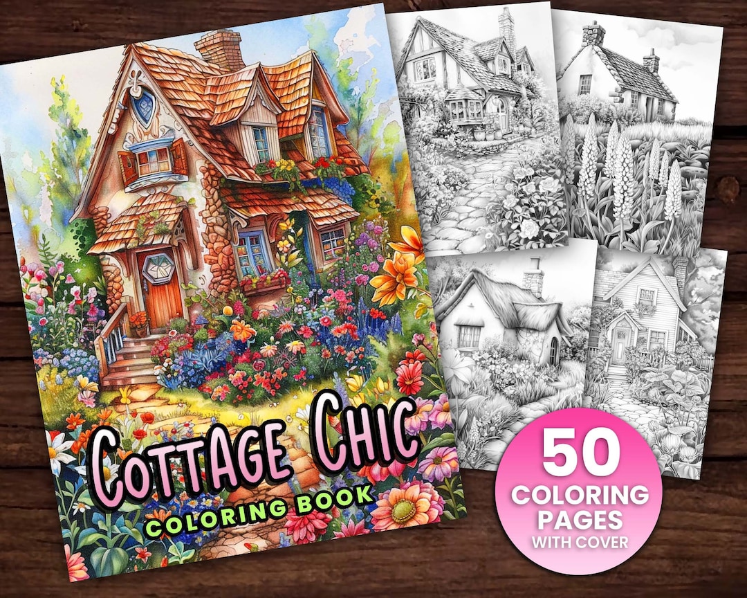 50 Cottage Chic Flower Homes Coloring Book, Adults Kids Instant ...