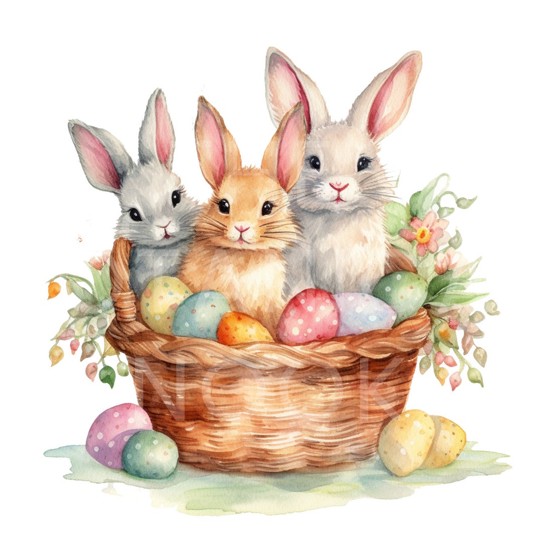 Easter Basket Bunnies Watercolor Clip Art (graphic) Illustration ...